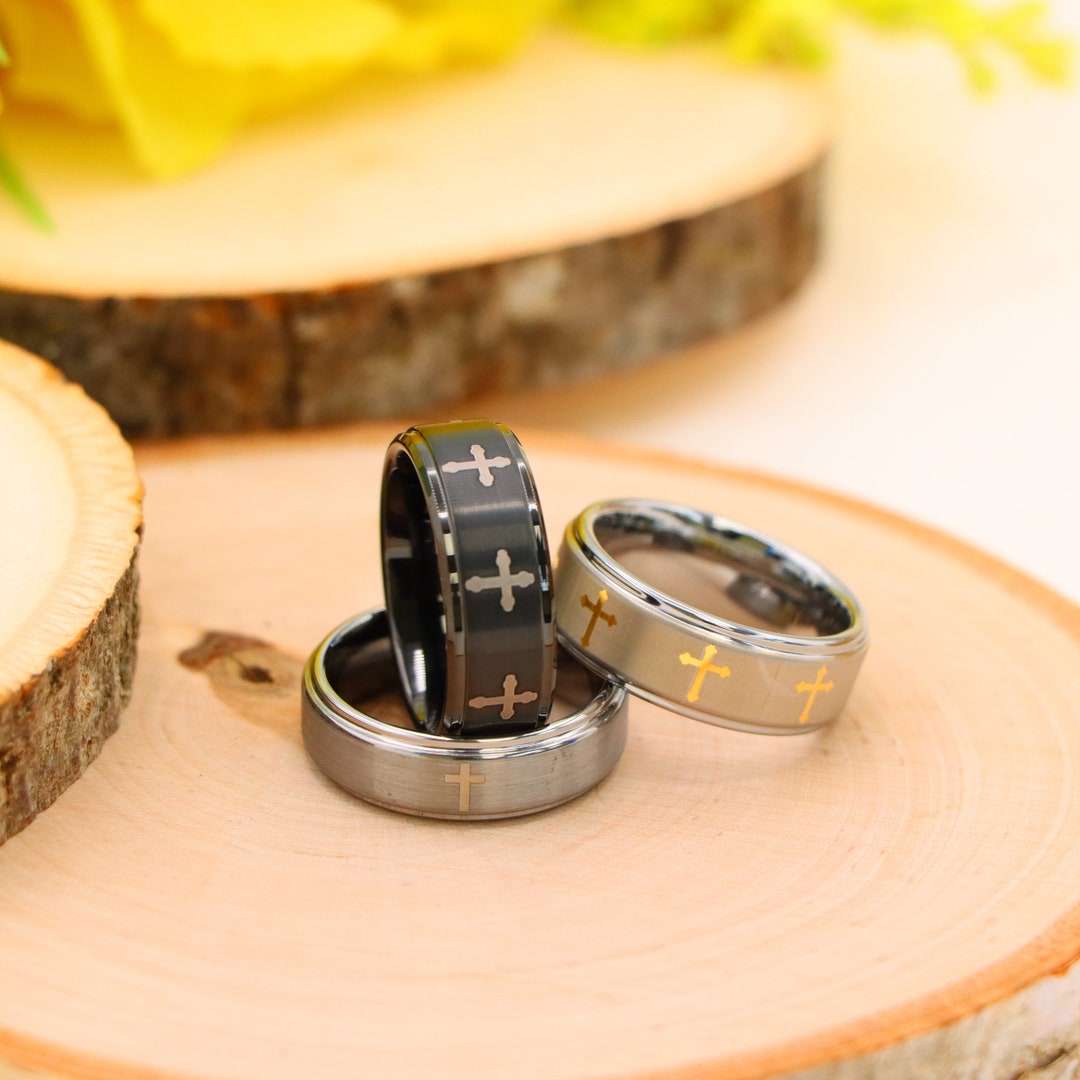 Black Tungsten Cross Ring, Men's Christian Wedding Band, Laser Engraved ...