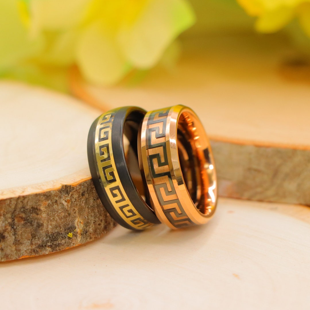 Greek Key Inlay Engraved Tungsten Ring, Men Women Tungsten Wedding Band ...