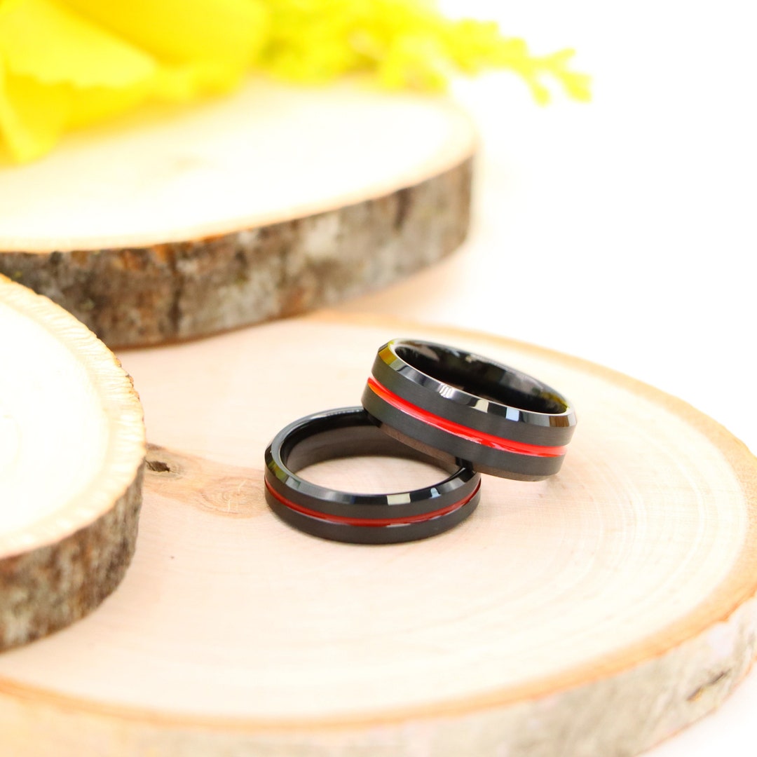 Red Tungsten Wedding Ring, Anniversary Ring, Black Tungsten Wedding ...
