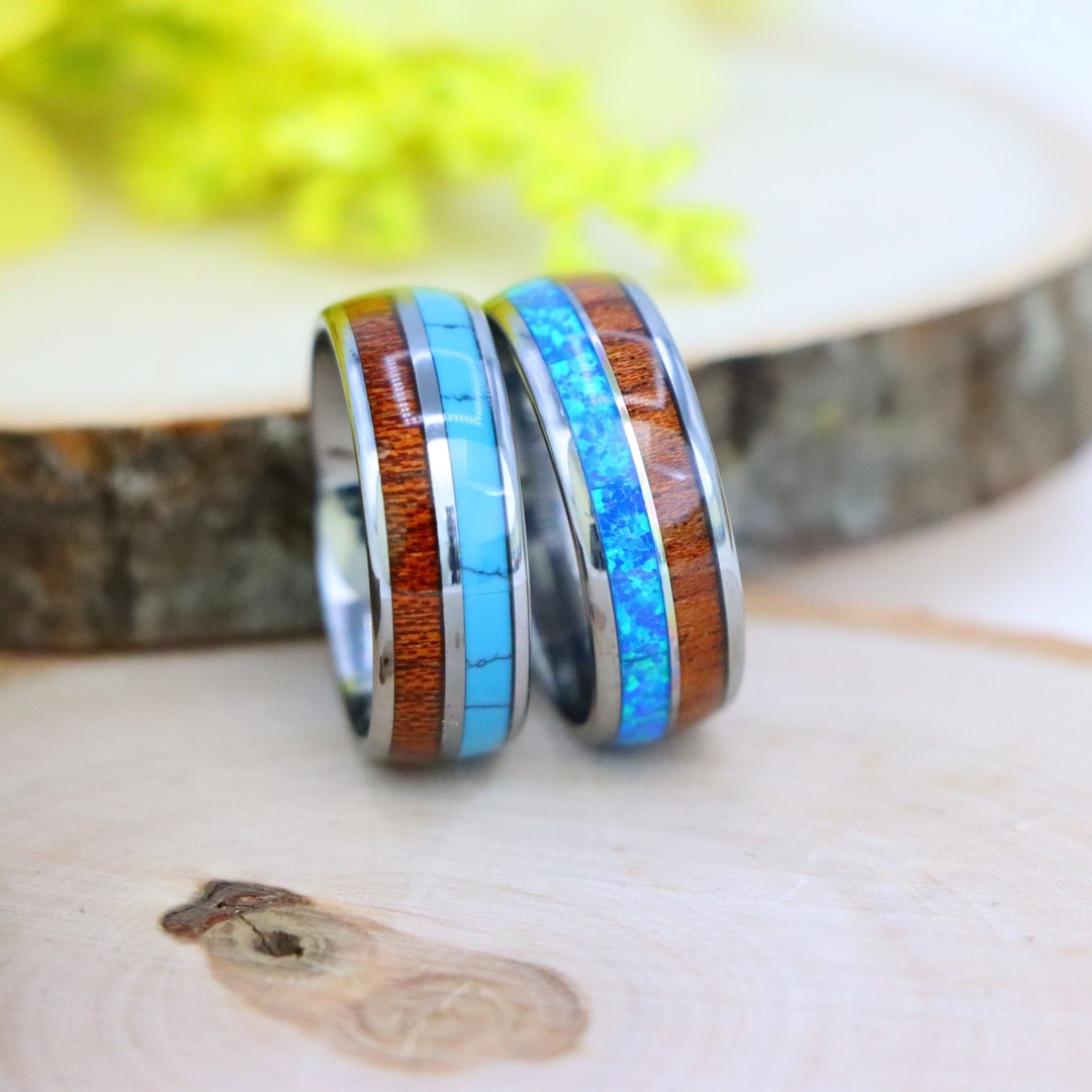 Hawaiian Koa Wood With Turquoise Inlay Tungsten Wedding Band, Men's ...