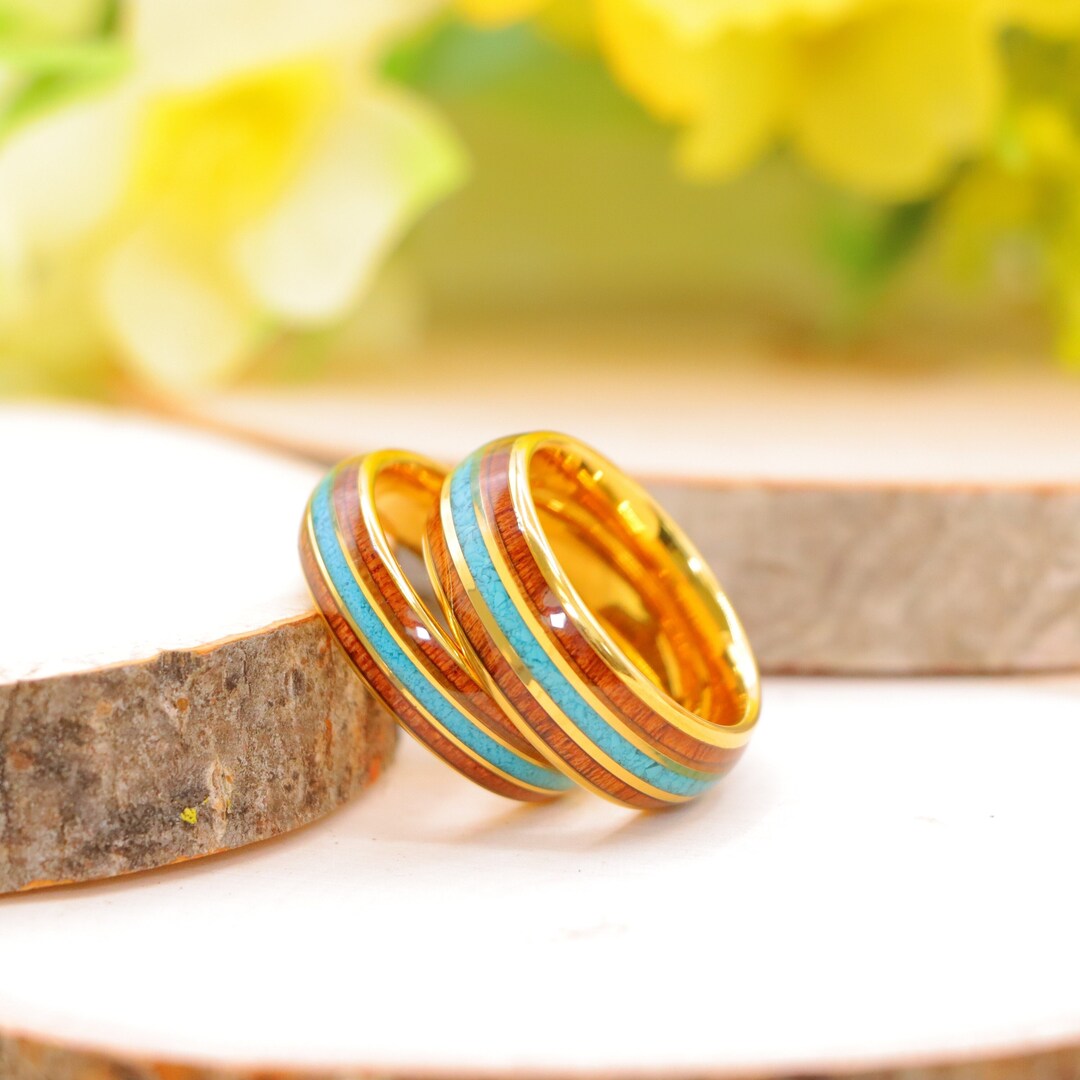 Mens Turquoise Couple Band, Gold Wedding Band, Wood Wedding Band, Mens ...