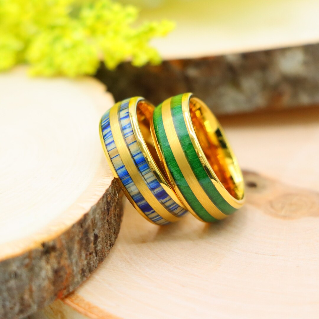 Promise Ring for Men, Blue Dyed Bamboo Inlay, 8mm Gold Tungsten Rings ...