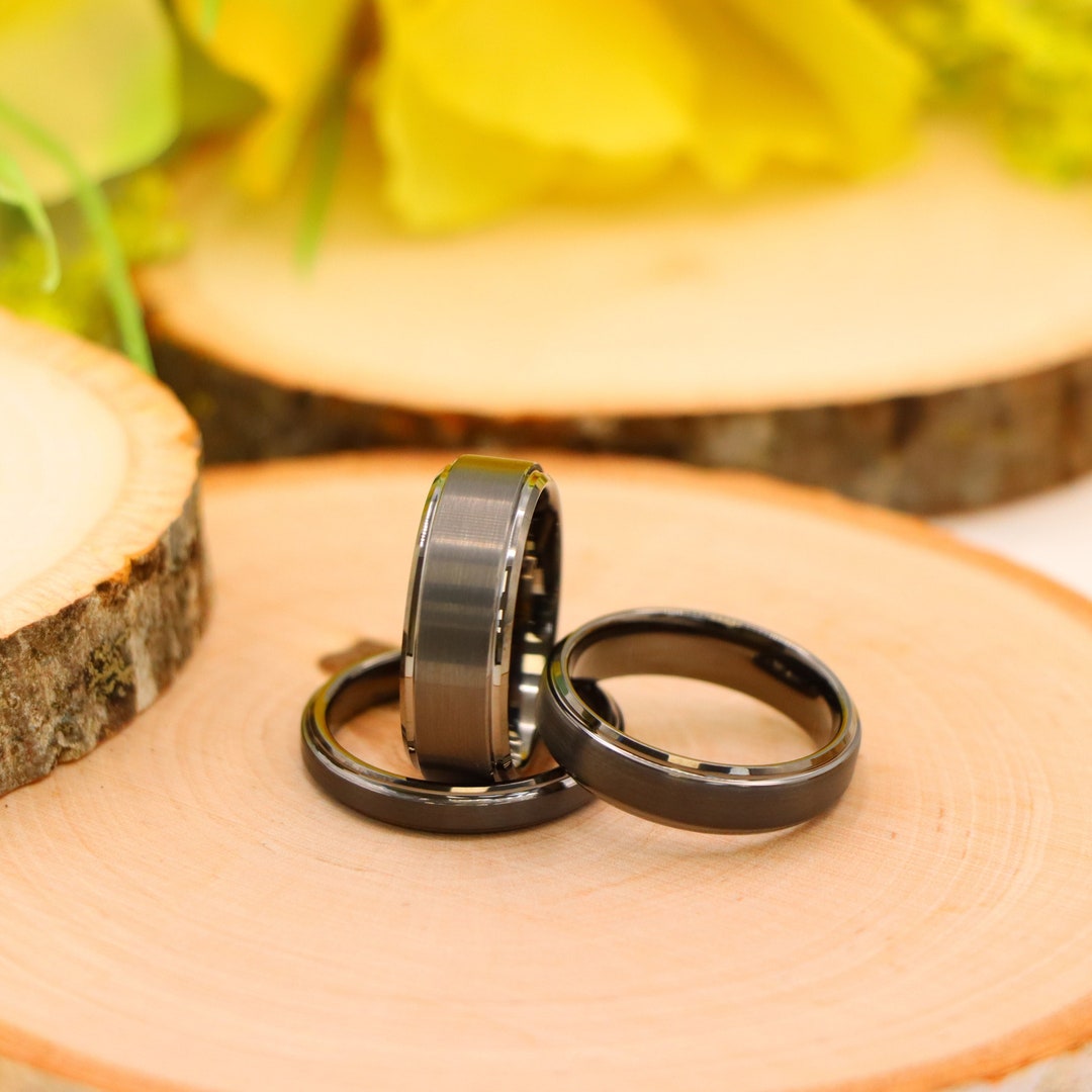 Black Tungsten Ring Gunmetal Wedding Ring Matching Engagement Ring ...
