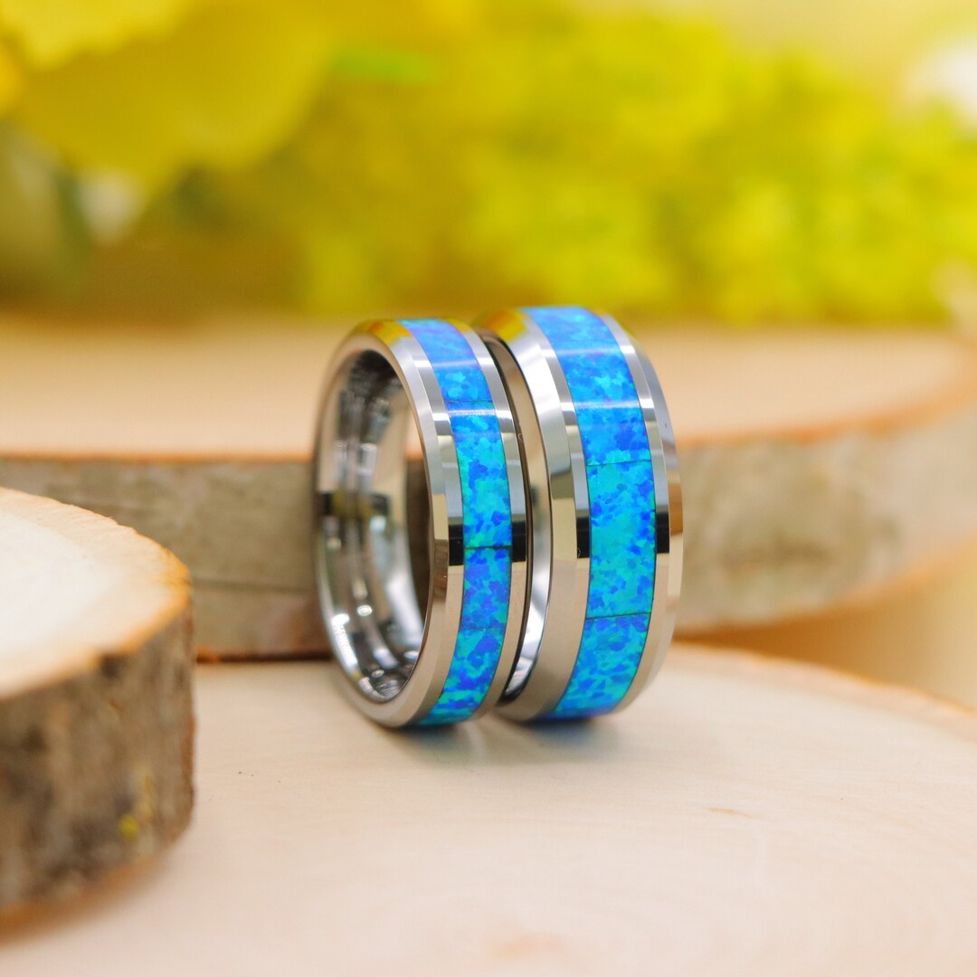 Opal Inlay Ring for Couple, Blue Opal Tungsten Engagement Ring, 8mm-6mm ...