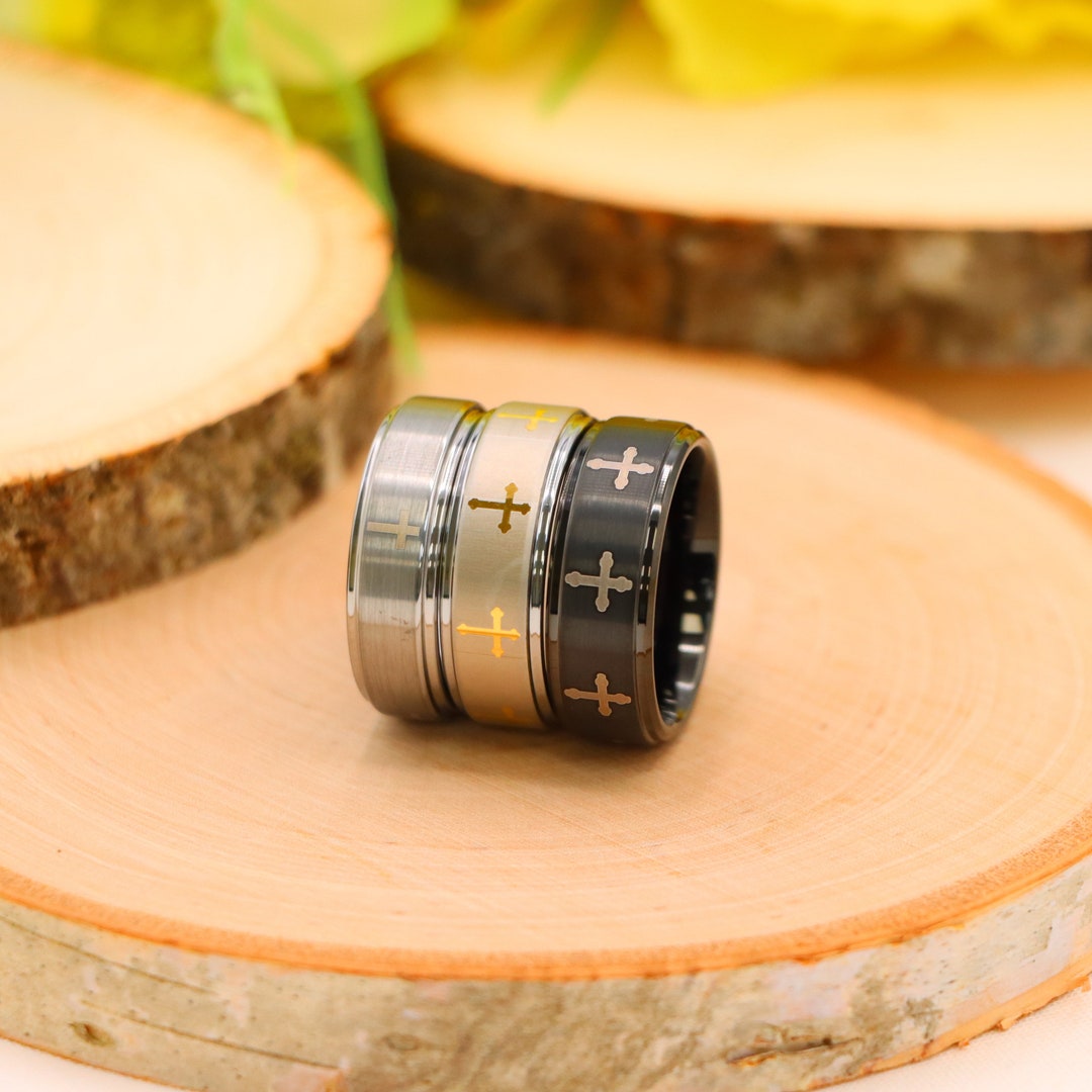 Personalized Black Tungsten Cross Wedding Band, Engraved Christian Ring ...