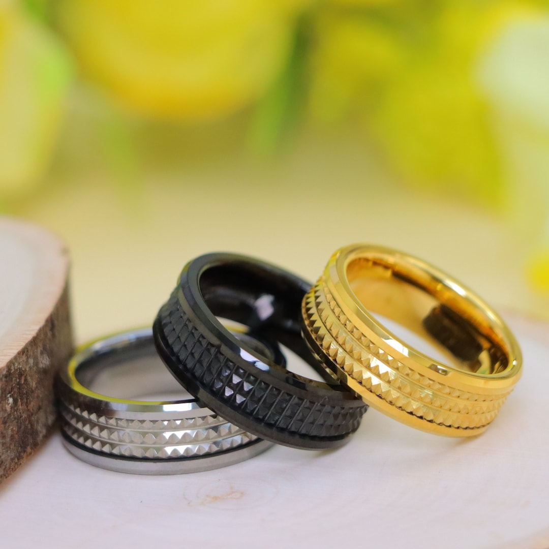 Diamond Cut Jagged Center Pattern Ring, Engraved Anniversary Gift, Man ...