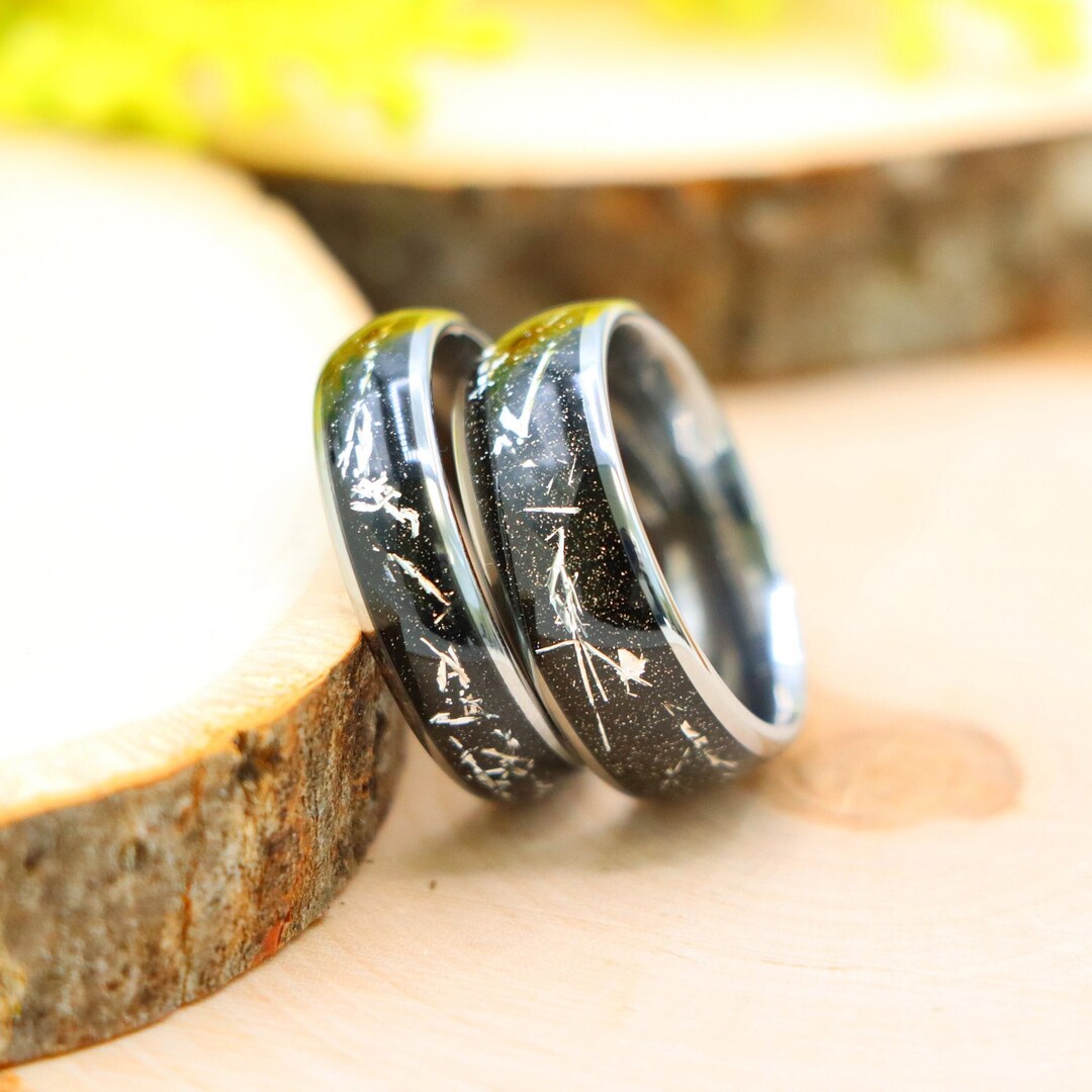 Galaxy Meteorite Black Inlay Dome High Polish Tungsten Carbide Ring ...