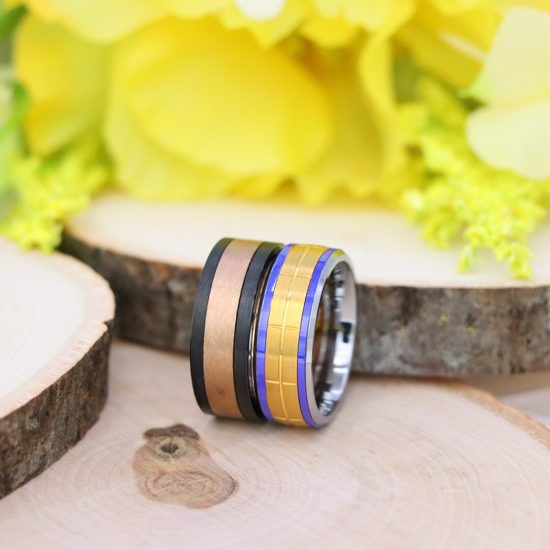 8mm Black Rose Gold Cross Hatch Center Stepped Edge Tungsten Wedding ...