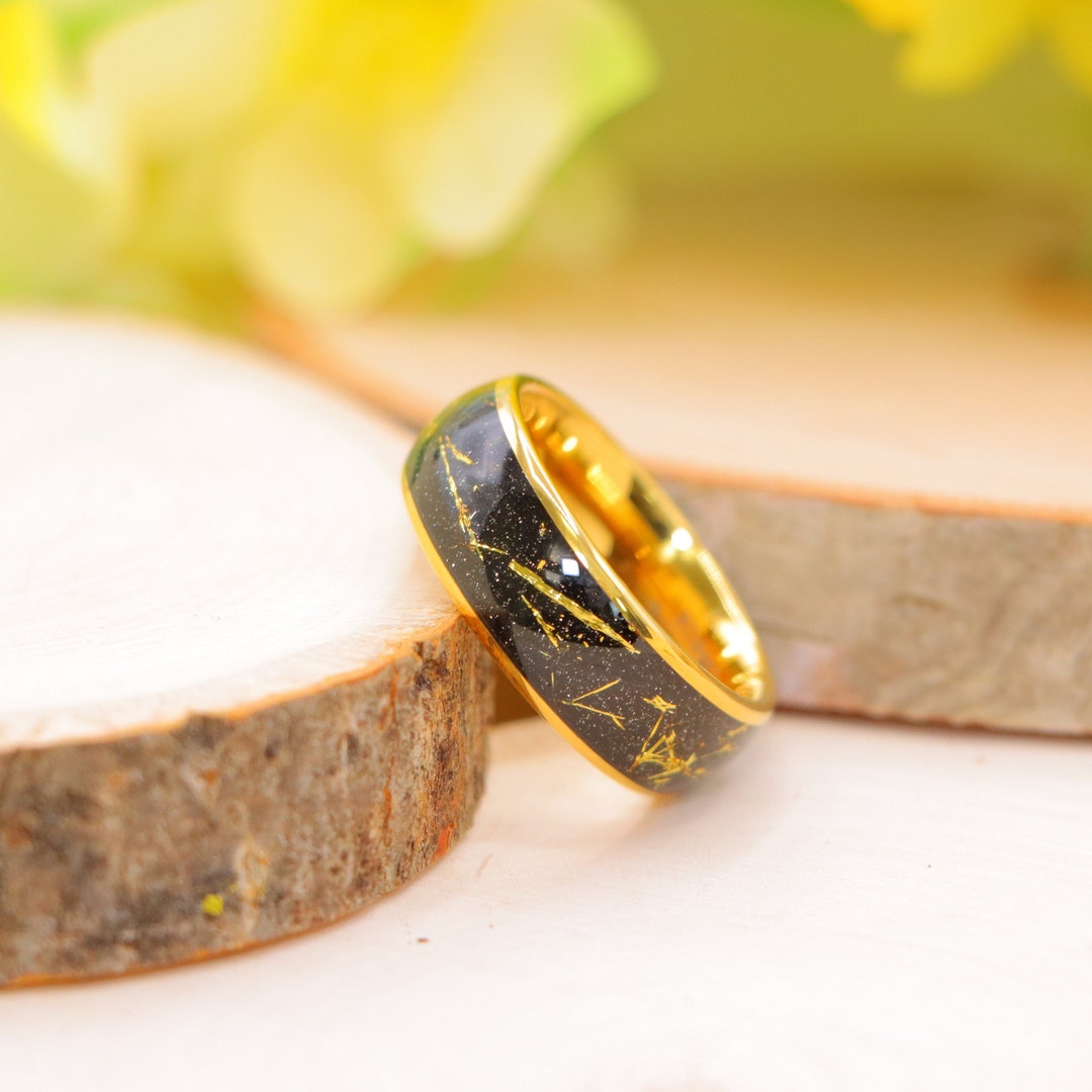Yellow Gold Meteorite Tungsten Wedding Ring, Couple Engagement Ring ...