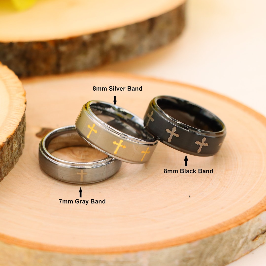 Gray Tungsten Ring, Mens Cross Wedding Band, Cross Ring Black Tungsten ...