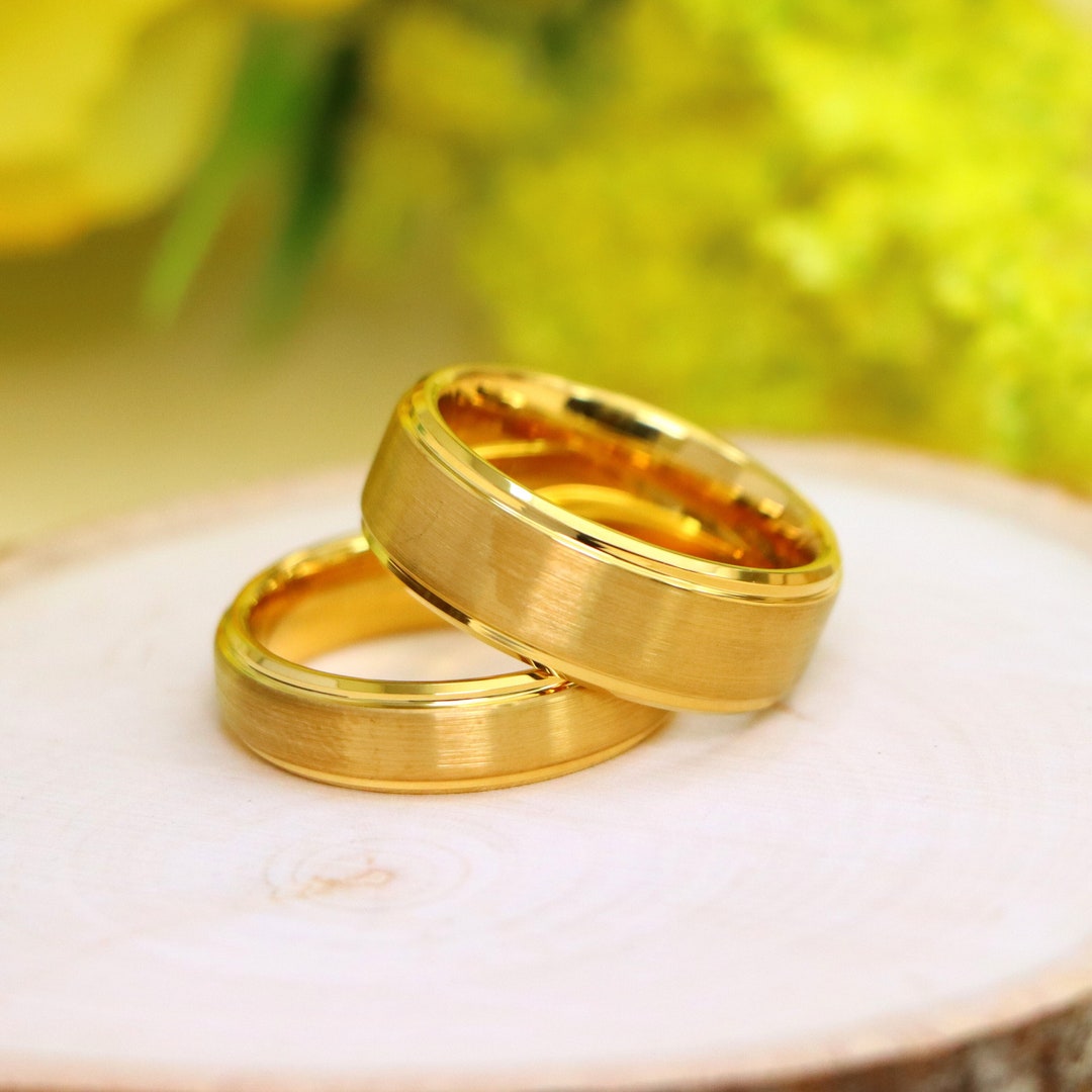 Men Women Tungsten Wedding Band, Yellow Gold Flat Brushed Center ...