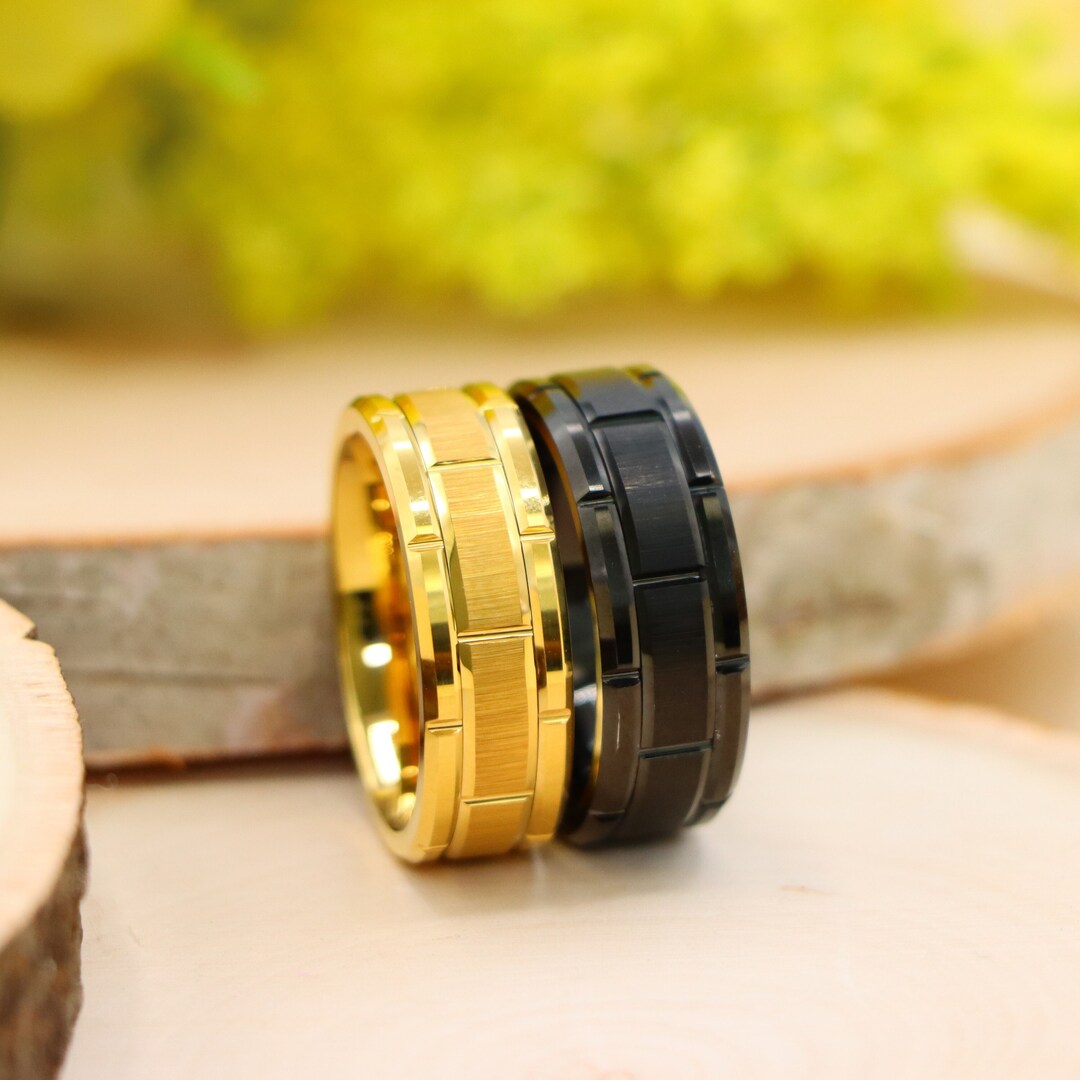Personalized Ring, Unique Brick Pattern Black Tungsten Wedding Band ...