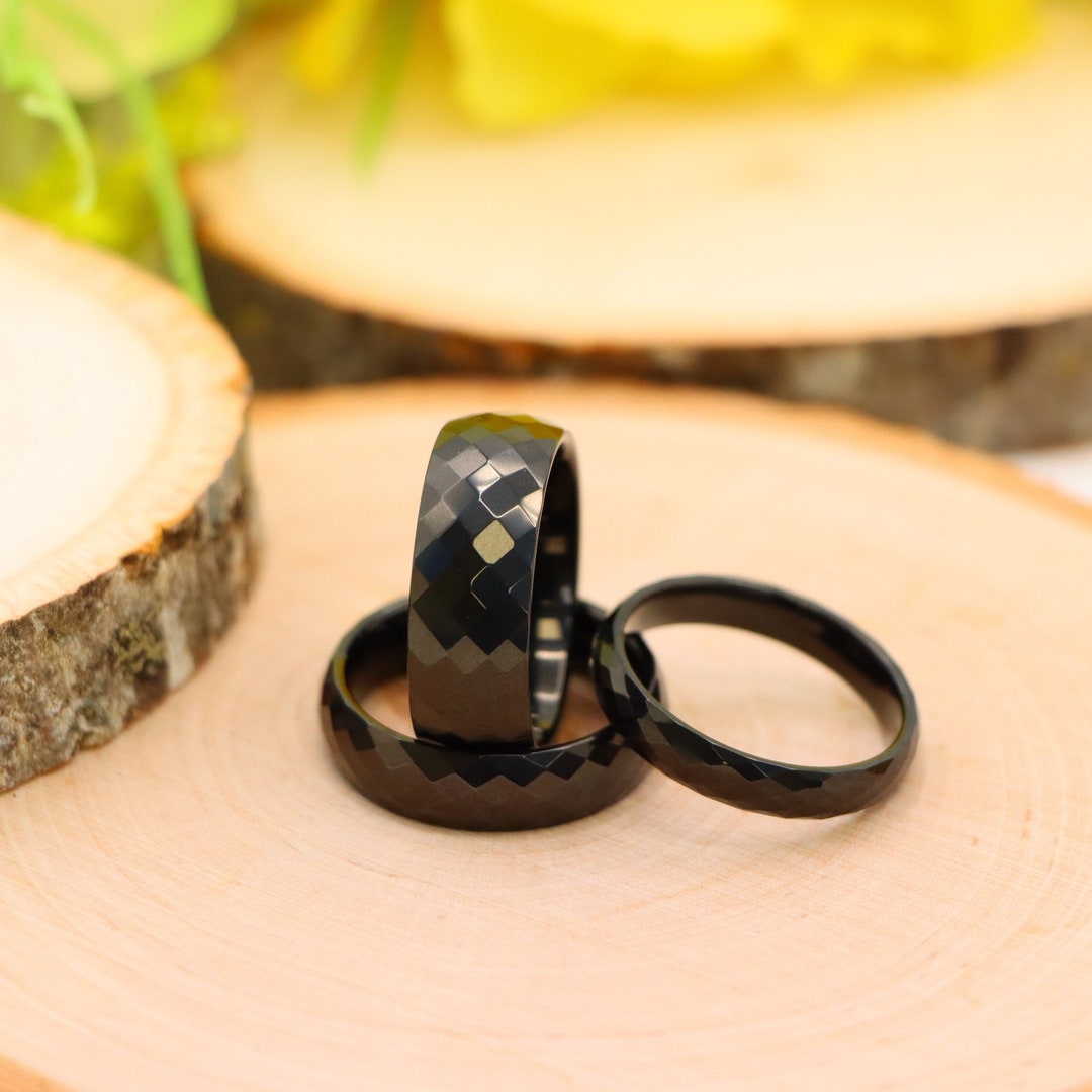Matching Tungsten Wedding Rings, Black Hammered Tungsten Ring, Faceted ...