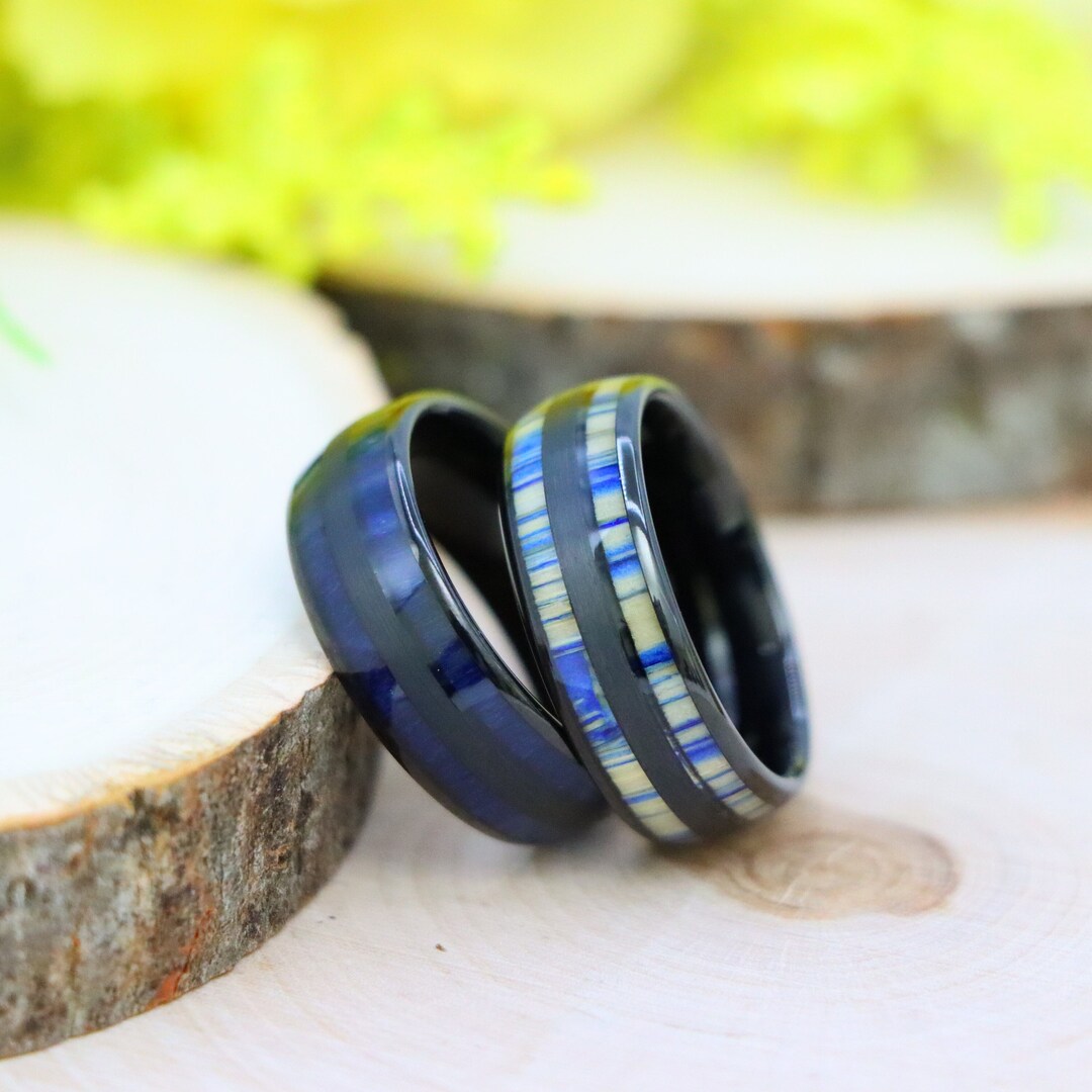 Mens Wood Ring With Exotic Blue Wood Inlay, Men's Wood Wedding Bands ...