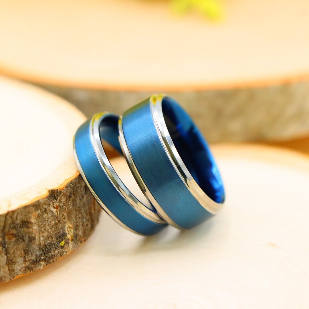 Blue Tungsten Ring, 8mm-6mm Blue Tungsten, Mens Wedding Ring, Blue ...
