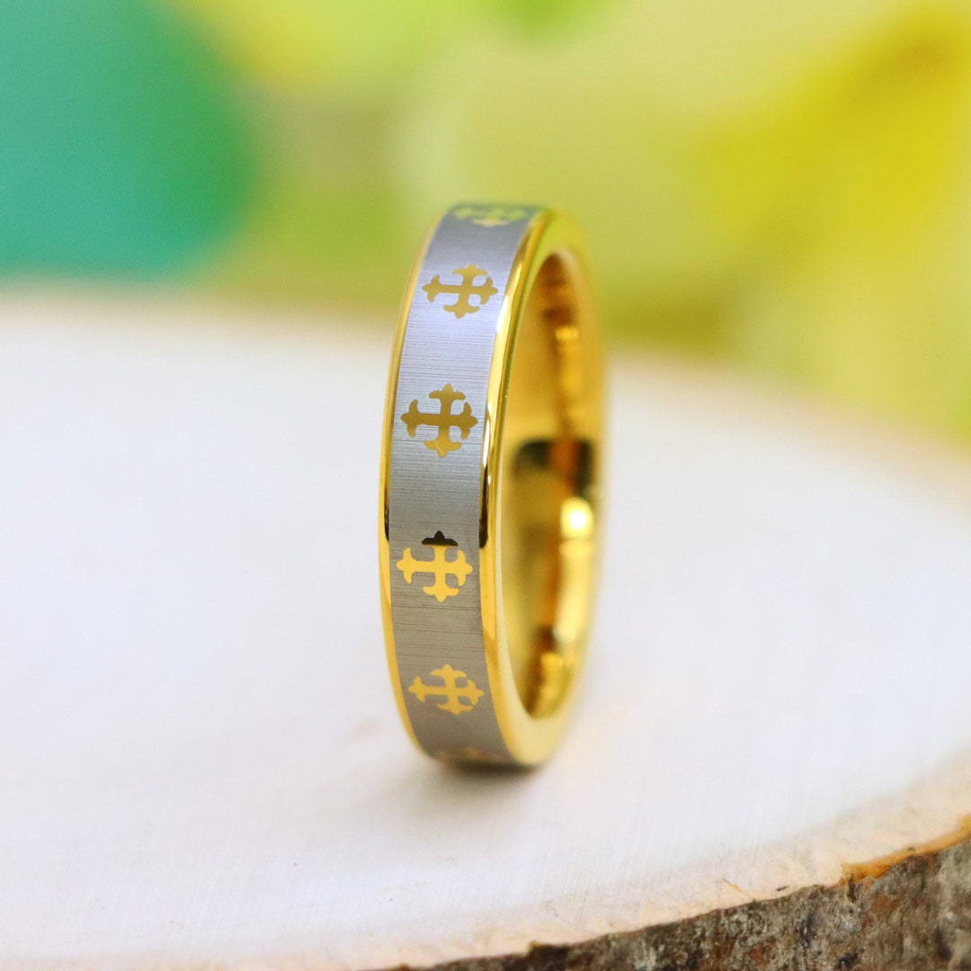 Tungsten Cross Ring, Gold Cross Ring, Thin Gold Ring, Mens Ring, 5mm ...