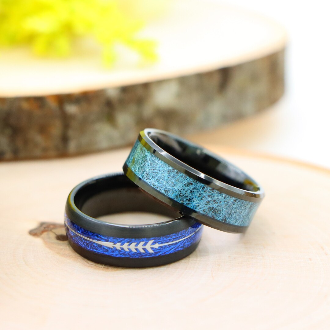 Mens Engagement Ring Mens Meteorite Rings Fancy Blue Silk Thread Inlay ...