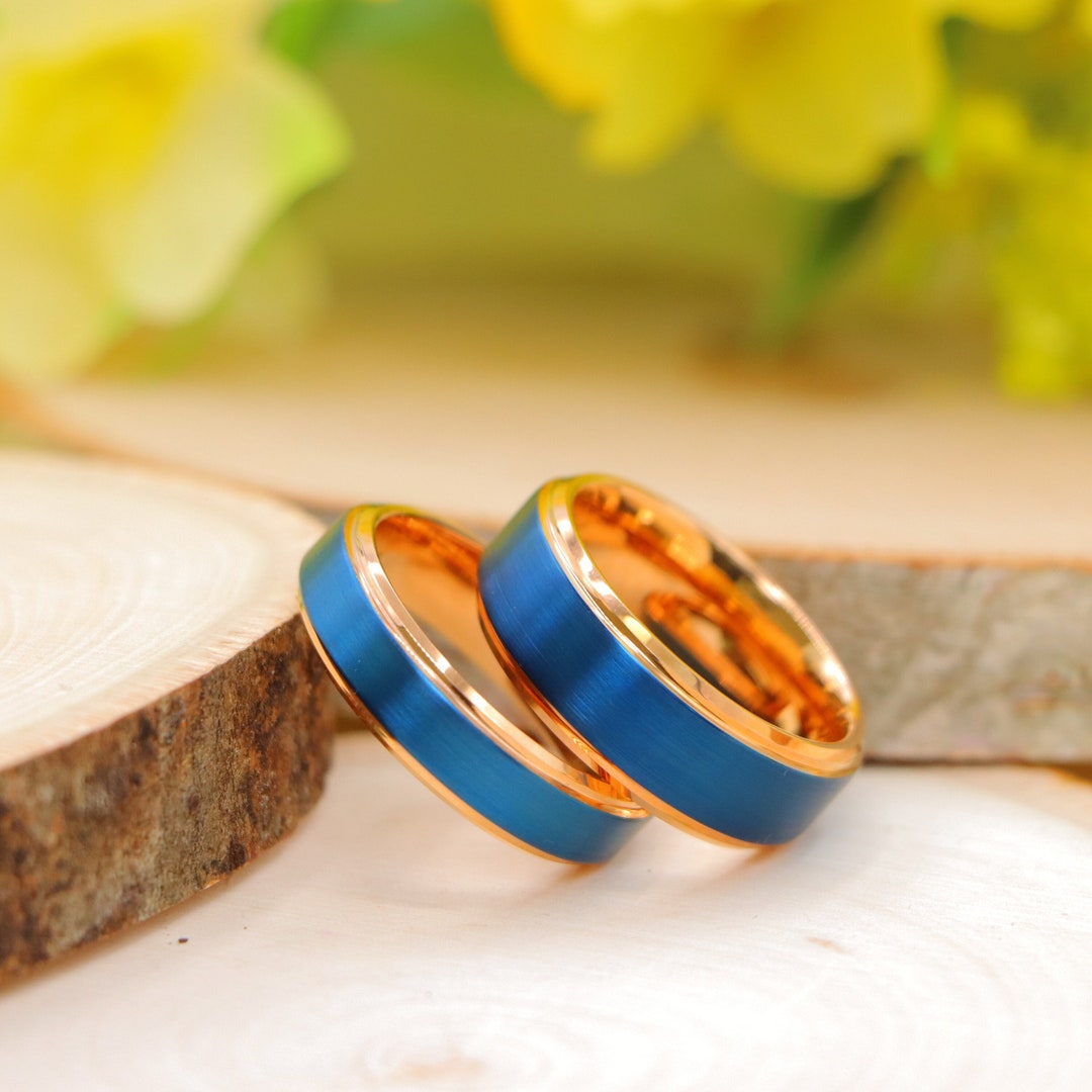 Couple Rings, Blue Tungsten Ring, Rose Gold Blue Ring, Blue Wedding ...