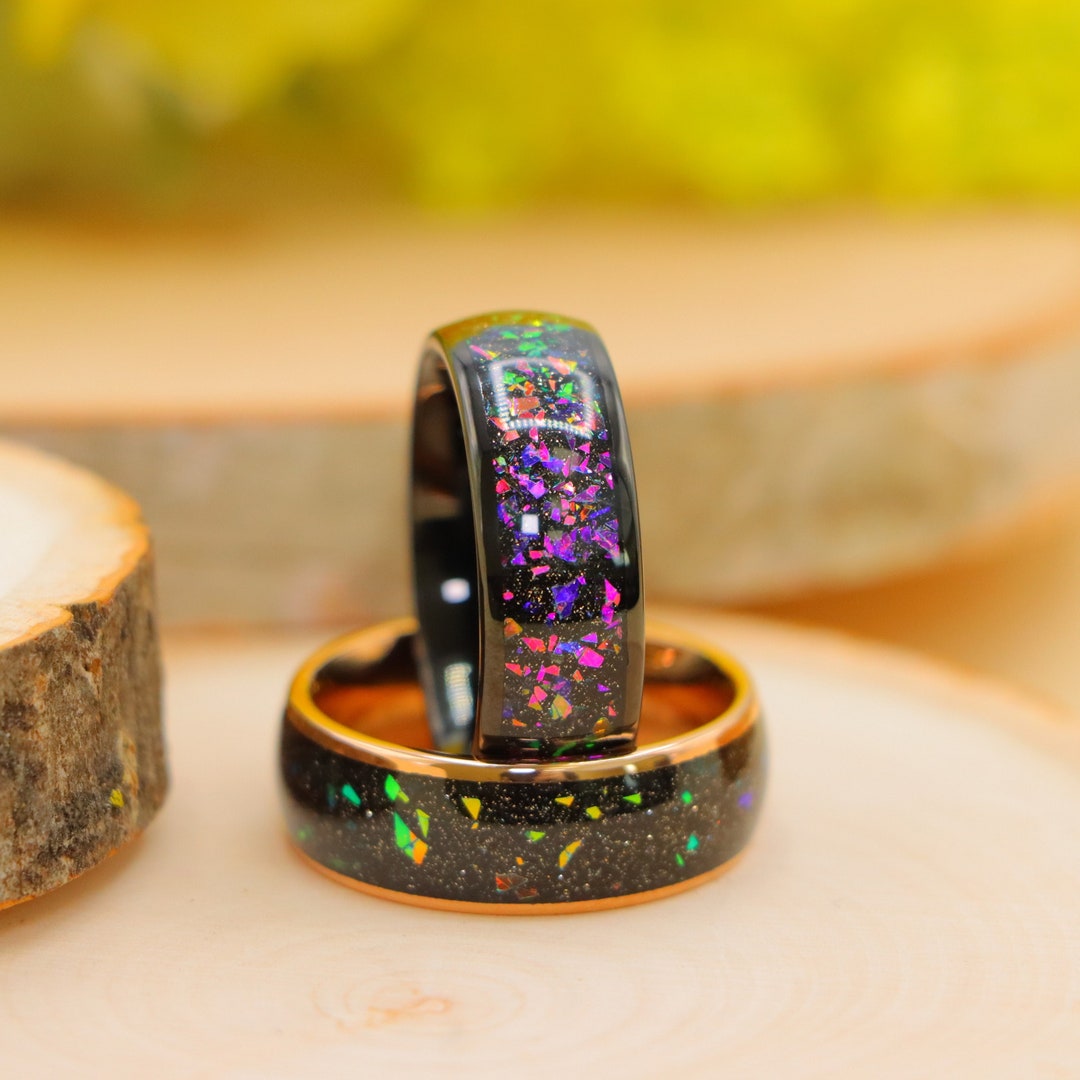 Domed Black Tungsten Purple Opal & Abalone Fragment Inlay Men's Unique ...