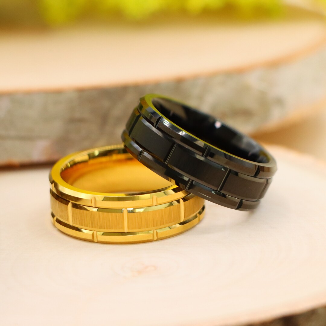 Brick Pattern Tungsten Wedding Ring 8mm Men's Statement Rings Yellow ...