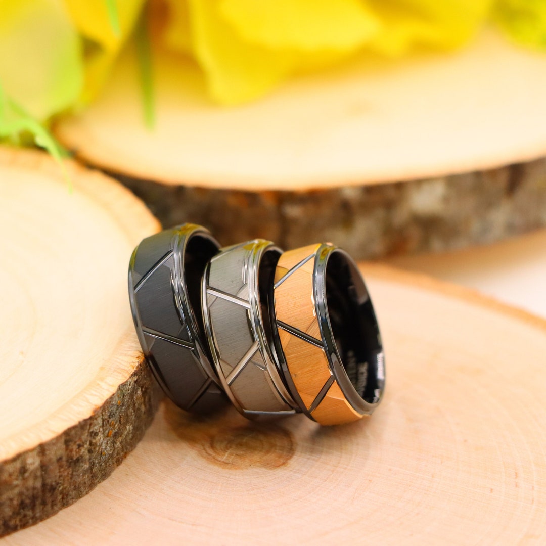 Geometric Trapezoid Pattern Male Wedding Bands, 8mm Tungsten Gunmetal ...