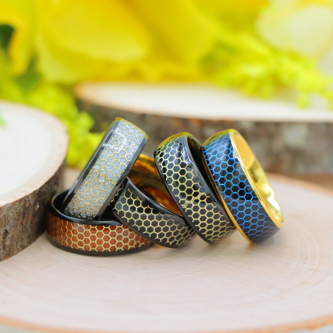 Men's Honeycomb Ring, Bee Hive Pattern Wood Tungsten Wedding Band ...