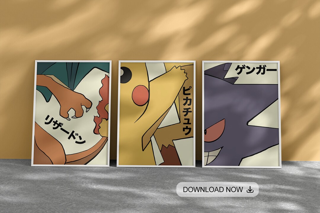 Japanese Pokemon Poster Set - Charizard - Pikachu - Gengar - Ash ...