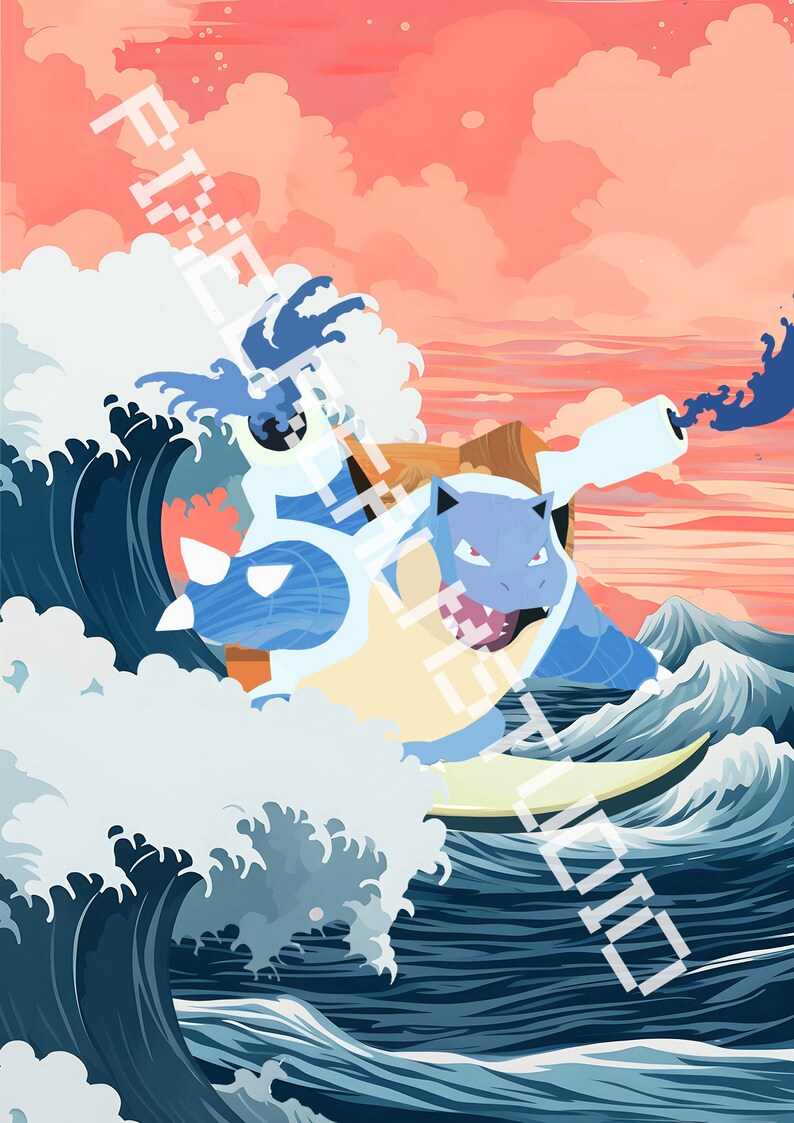 Surfing Blastoise Japanese Style - Pokemon Poster - Ash Ketchum ...