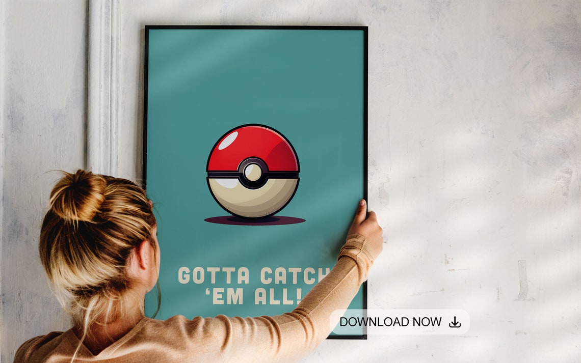 Classic Pokeball Poster Gotta Catch 'em All in Retro Flat Design ...