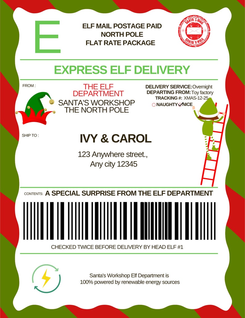 EDITABLE Elf Shipping Label, Santa Mail, ELF Arrival Box Label, Elf ...