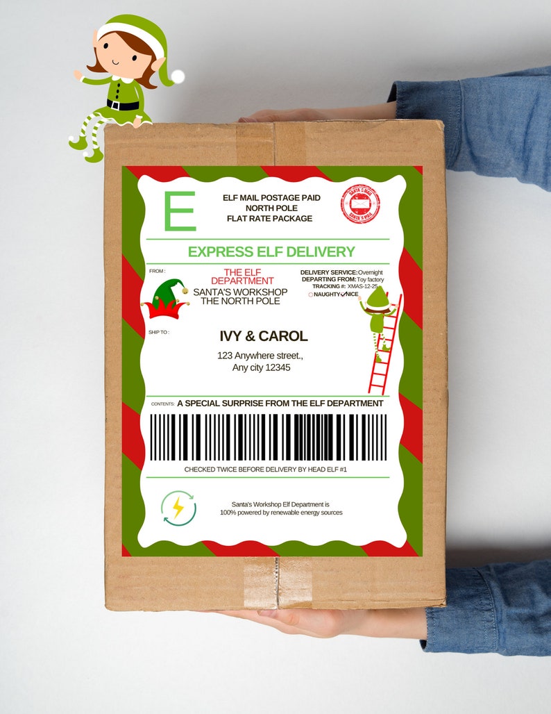 EDITABLE Elf Shipping Label, Santa Mail, ELF Arrival Box Label, Elf ...