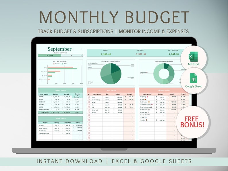 MONTHLY BUDGET SPREADSHEET Annual Financial Planner Google Sheets Excel ...