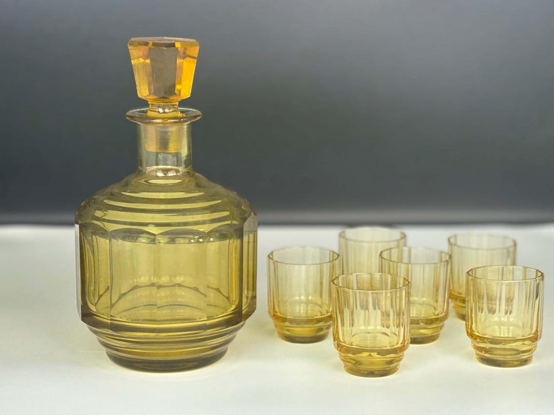 Bayel Art Deco Spirit Decanter & Glasses Vintage 1930s Amber Glass ...