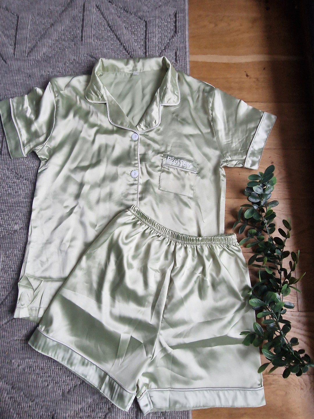 Sage Green Champagne Custom Flower Girl Pajamas, Junior Bridesmaid ...