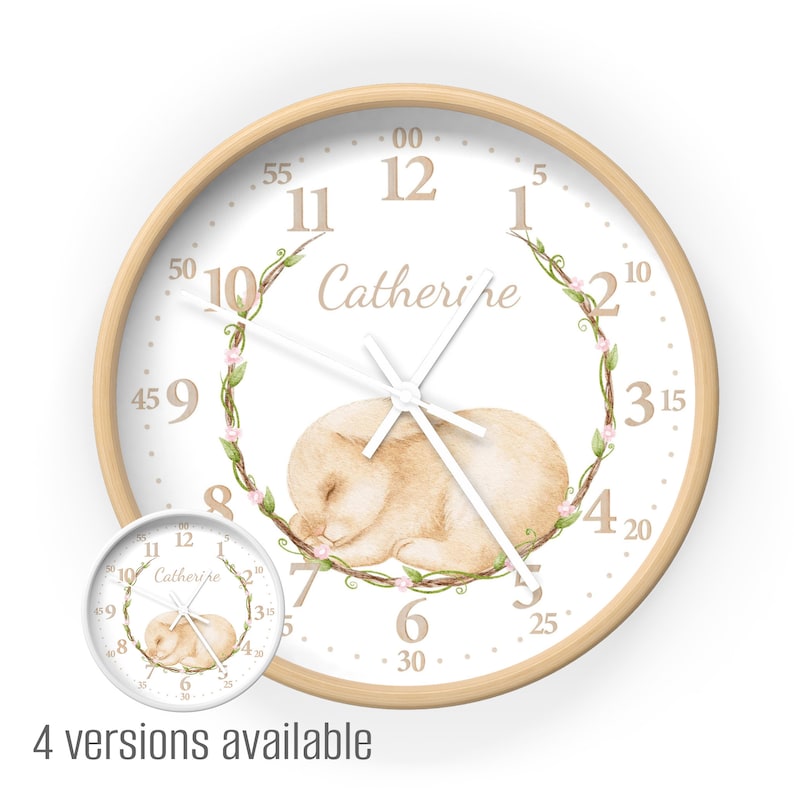 Personalized Wall Clock for Nursery Room, Sleeping Bunny, Baby Room ...