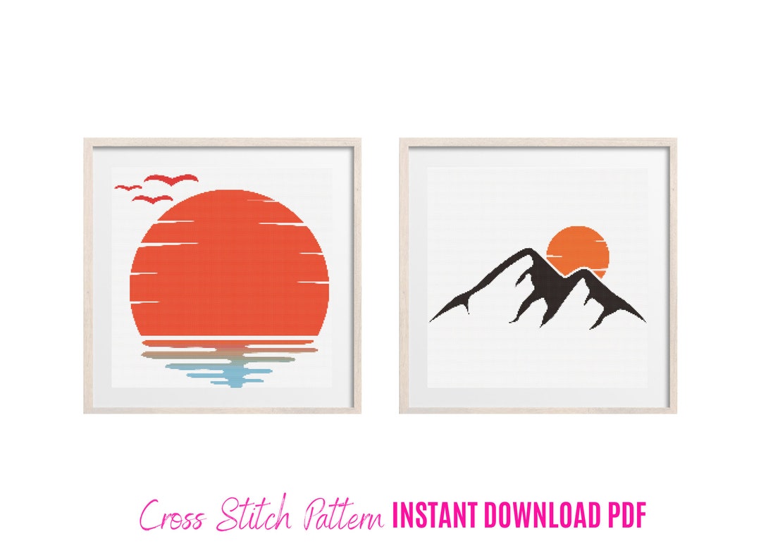 Set of 2 Sunset Cross Stitch Pattern, Mountains and Seascape Landscape ...