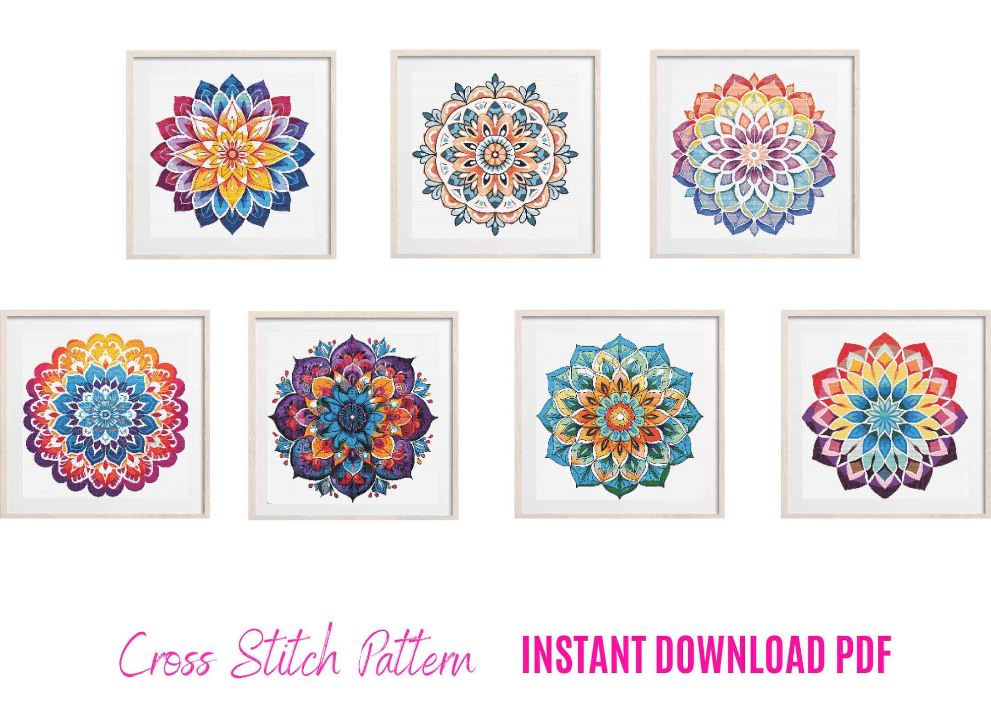 Set of 7 Mandala Cross Stitch Patterns, Flower Mandala Cross Stitch ...