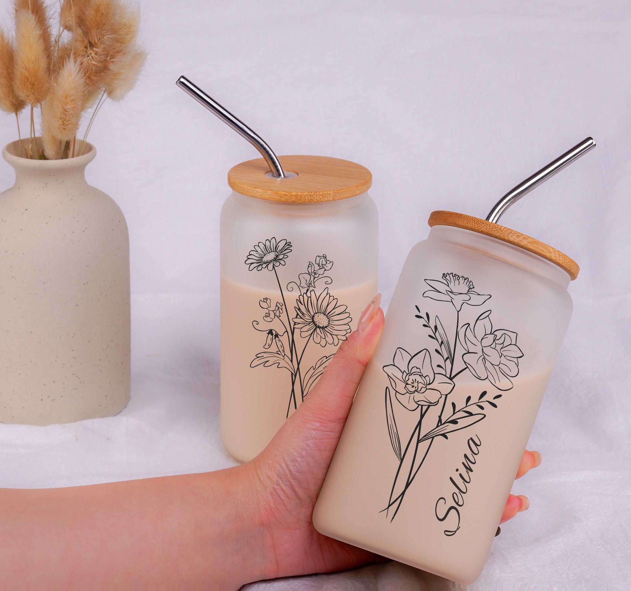 Personalized Birth Flower Iced Coffee Glass Cup With Lid and Straw - Etsy