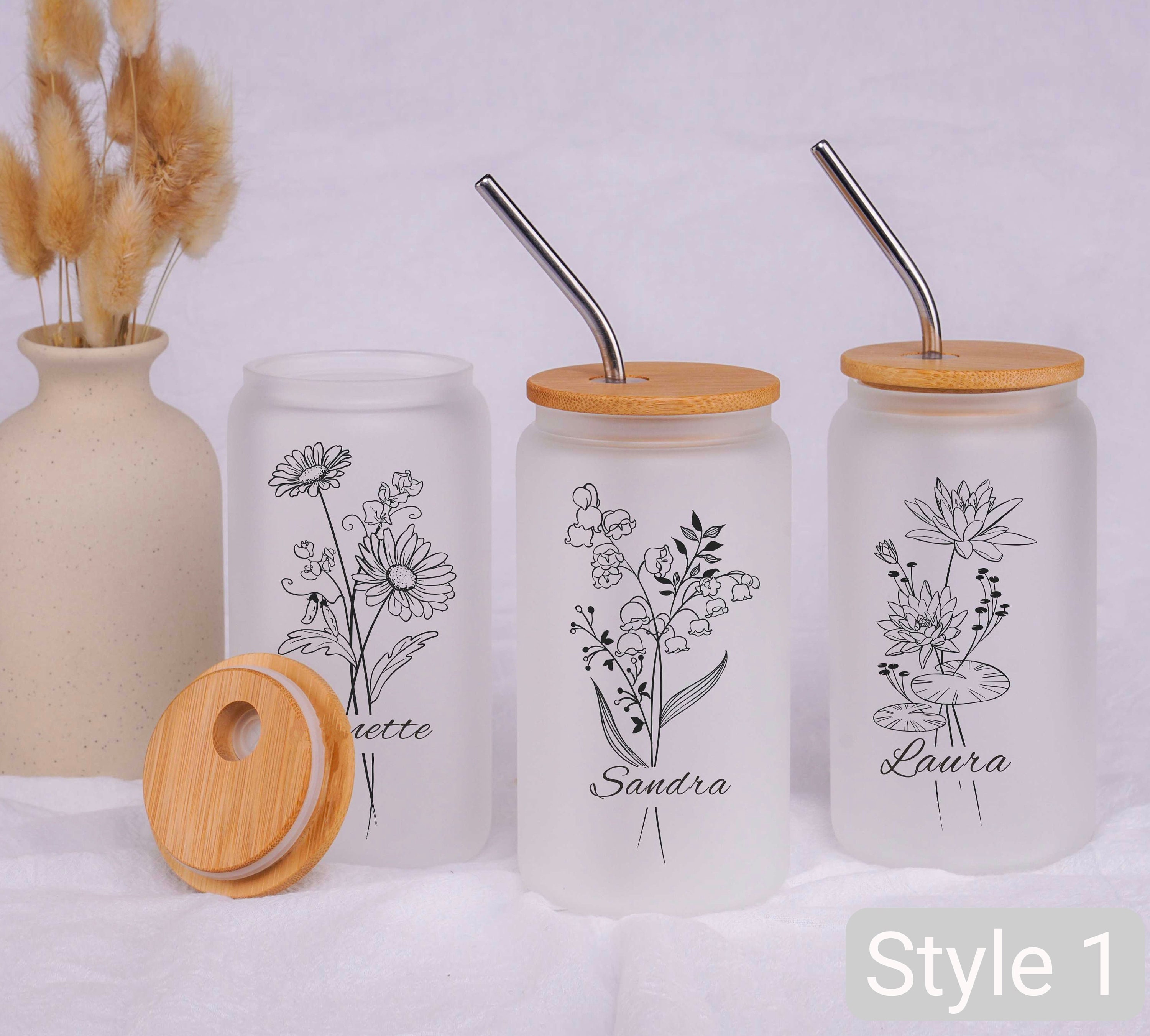 Personalized Birth Flower Iced Coffee Glass Cup With Lid and Straw - Etsy