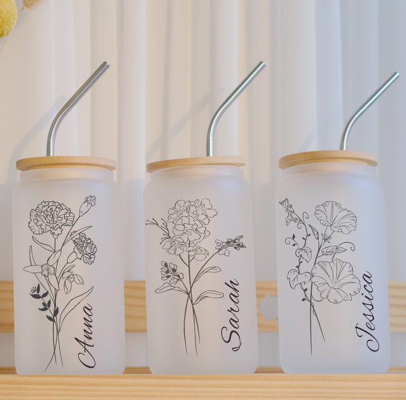 Personalized Birth Flower Iced Coffee Cup, Custom Name Glass Tumbler ...