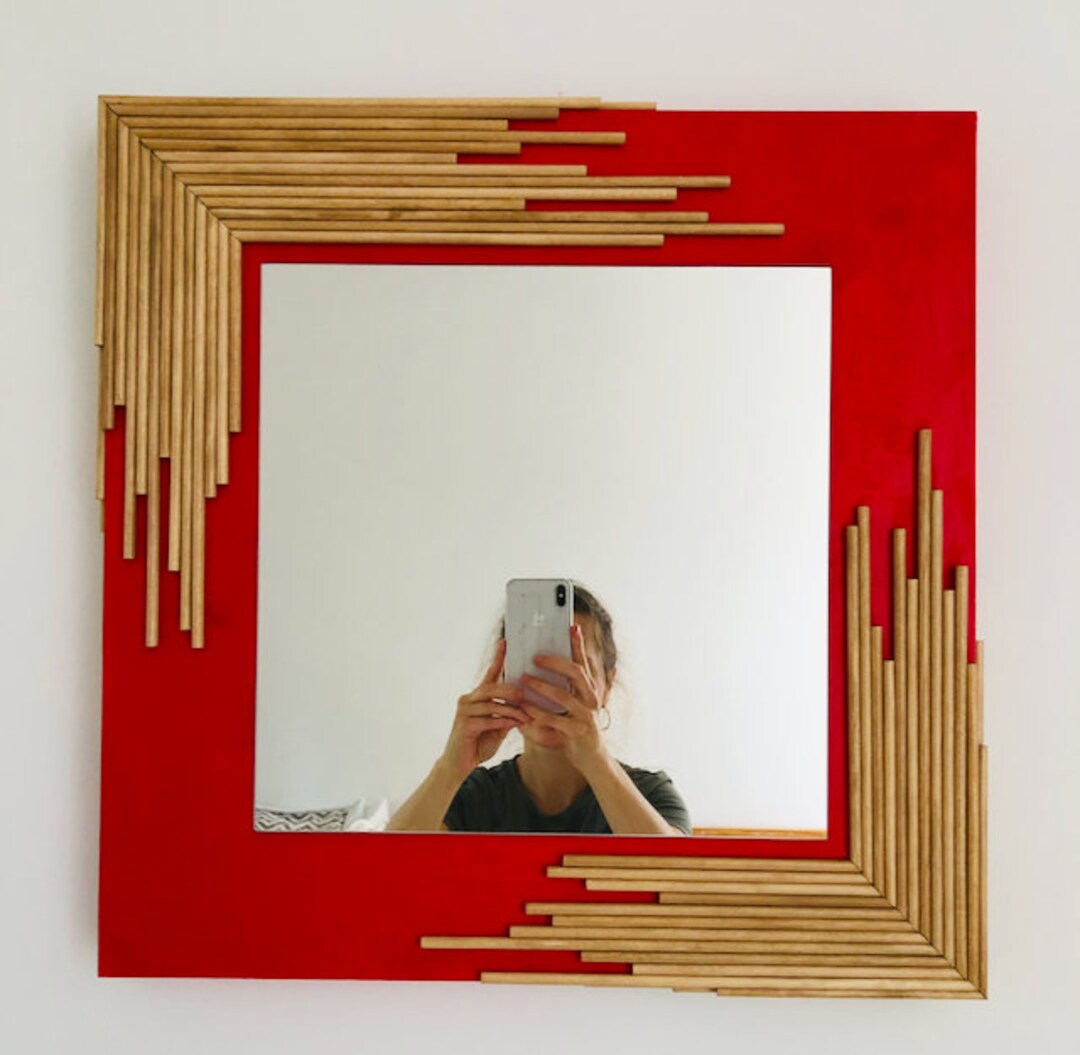 Wooden Mirror With Red Frame, Mirror, Wood, Wooden Art, Colorful Art ...