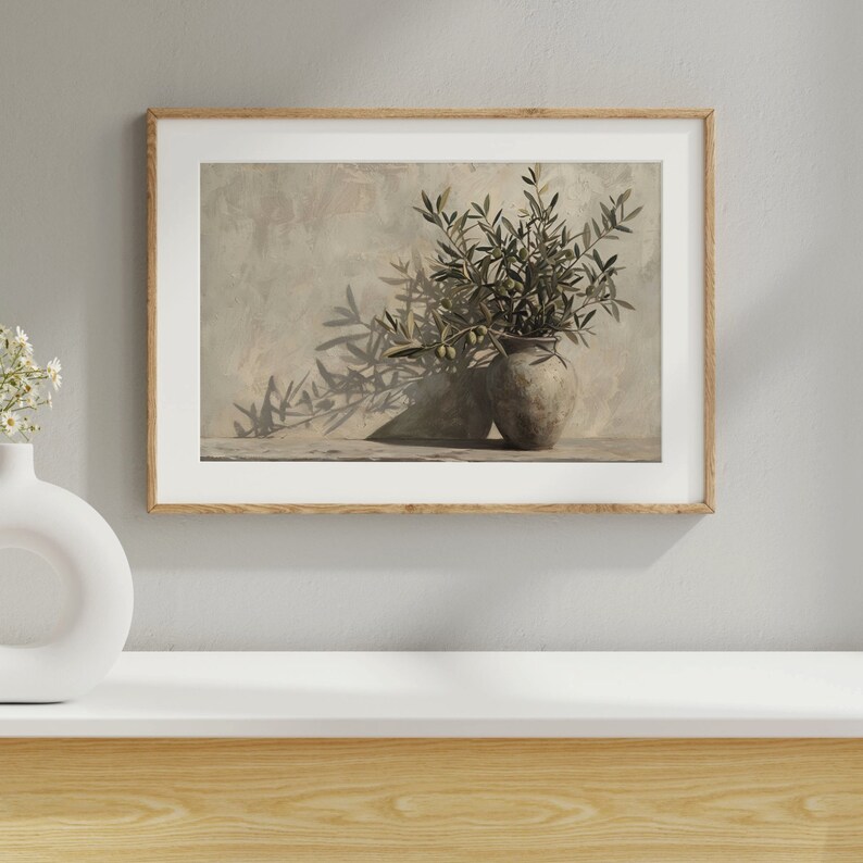 Olive Tree in Vase Painting, Vintage Olive Branch Print, Neutral Tone ...