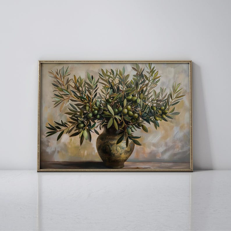 Vintage Olive Tree in Vase Wall Art Print, Olive Branches in Vase, Antique Olive Tree Painting ...