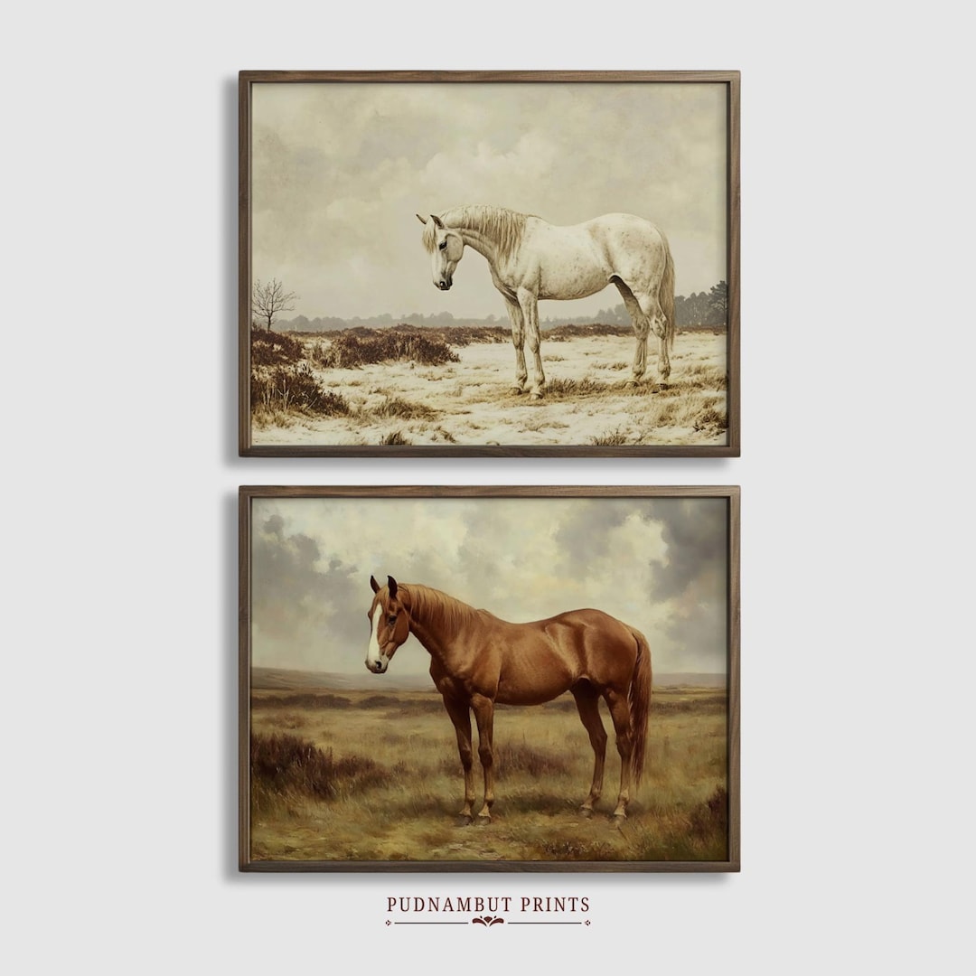 Rustic Horse Landscape Painting Prints Set of 2 Wall Art, Animal Fine ...