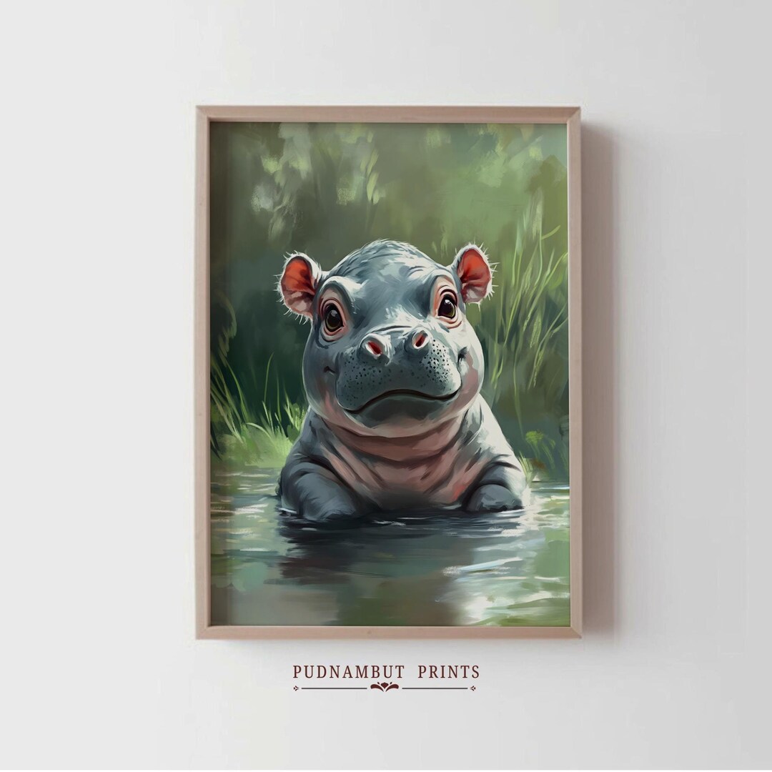 Printable Pygmy Hippo Animal Art, Hippo Digital Wall Art, Nursery Decor ...