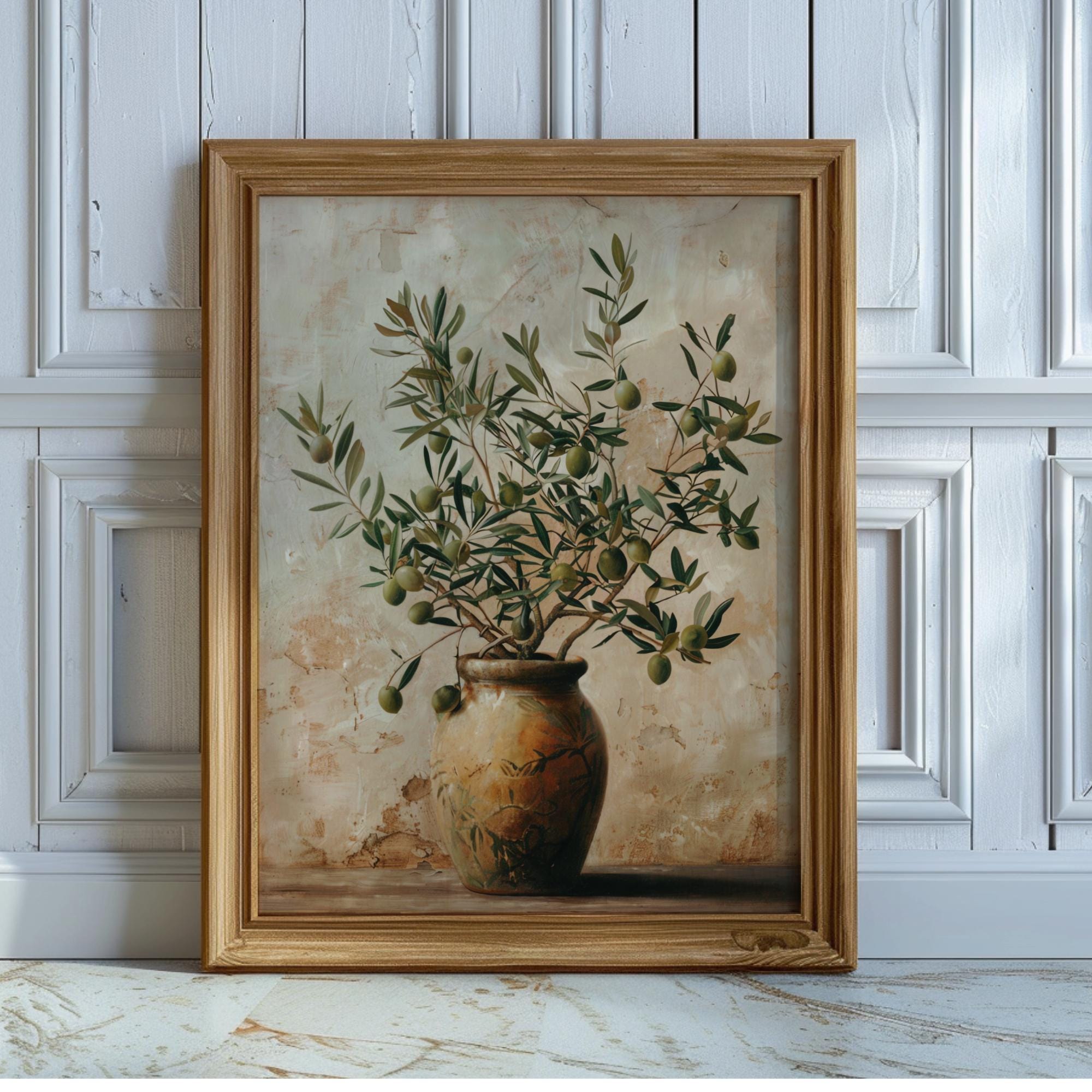Rustic Olive Tree Print in Aged Vase, Neutral Olive Tree Digital Art ...