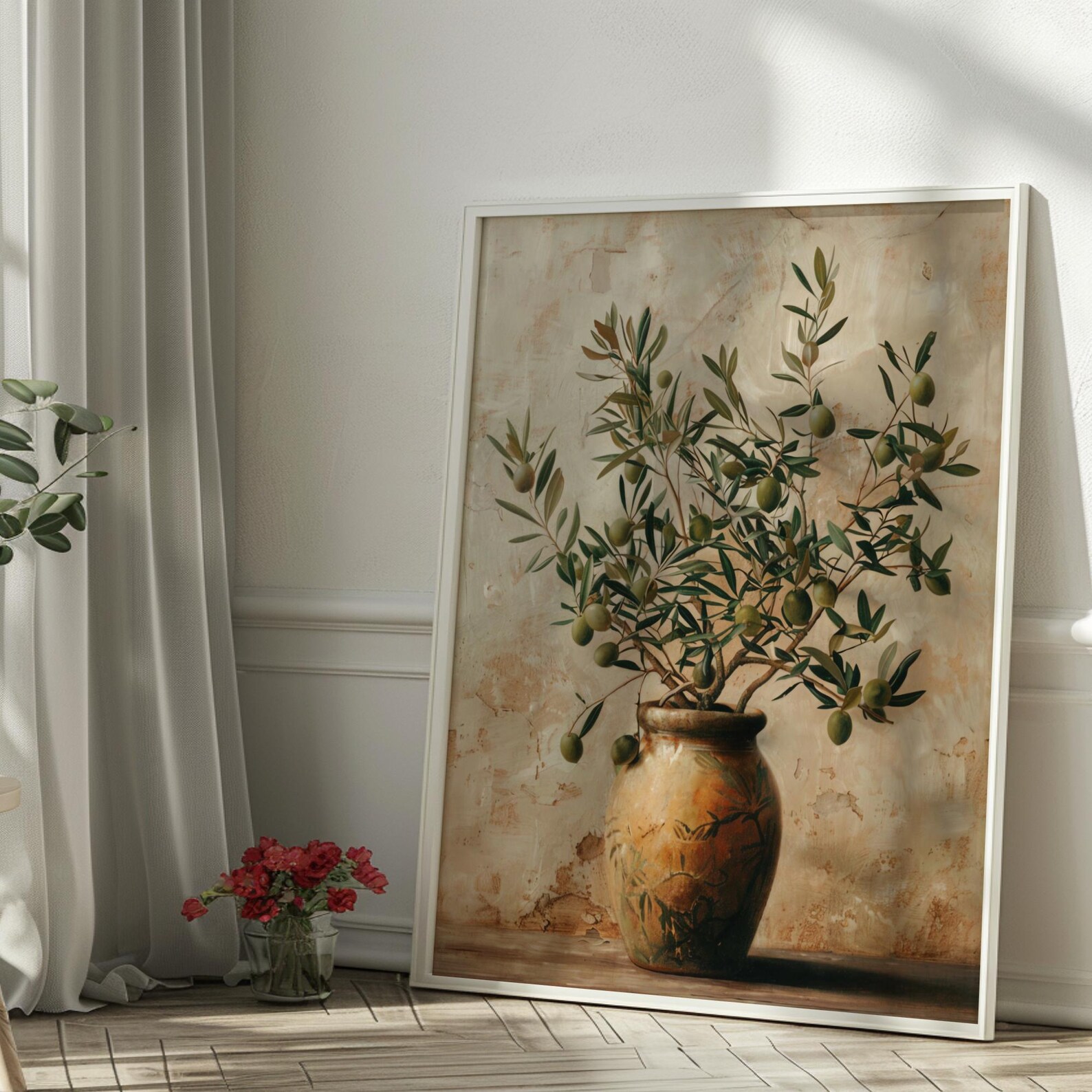 Rustic Olive Tree Print in Aged Vase, Neutral Olive Tree Digital Art ...