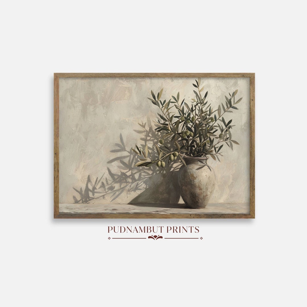 Olive Tree in Vase Painting, Vintage Olive Branch Print, Neutral Tone ...