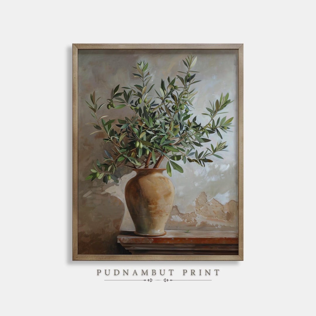 Antique Olive Tree Art Print in Aged Vase, Rustic Farmhouse Wall Decor ...