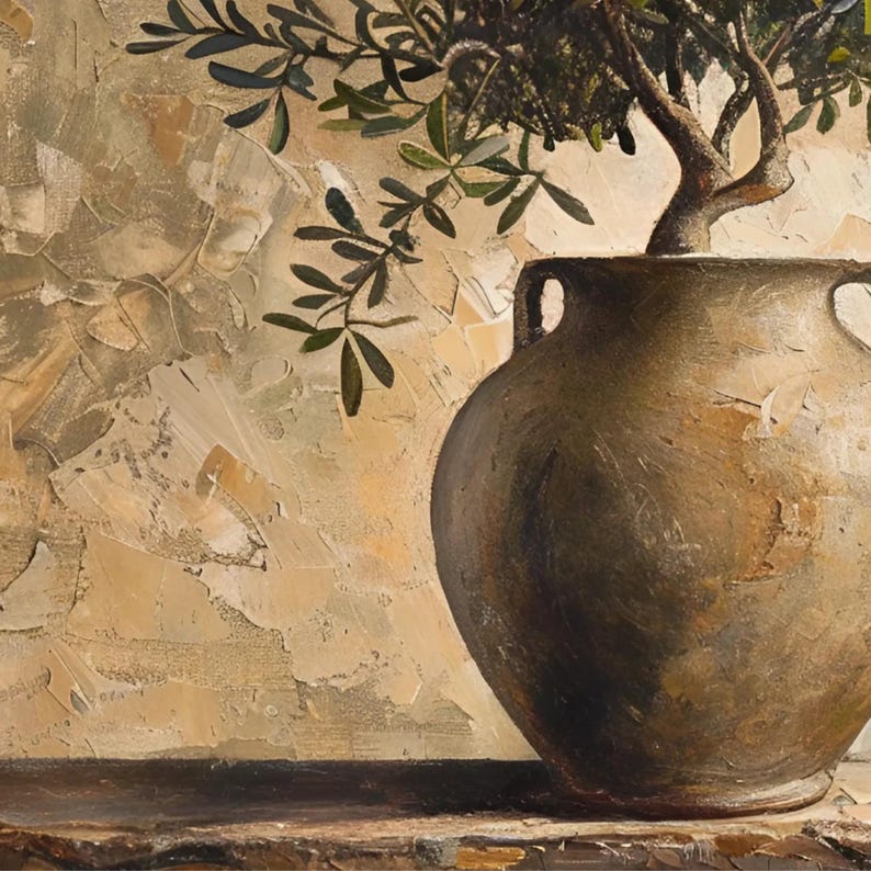 Antique Olive Tree in Aged Vase Botanical Art, Moody Neutral Wall Decor ...